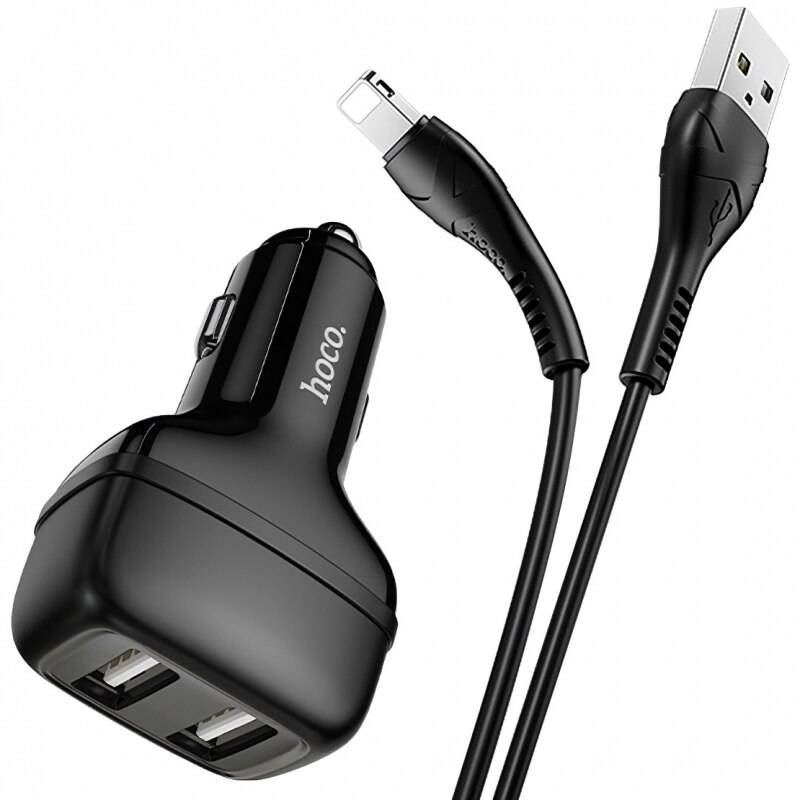 Incarcator auto Hoco Z36 Leader, 2x USB, 2.4A, negru + cablu Lightning ...