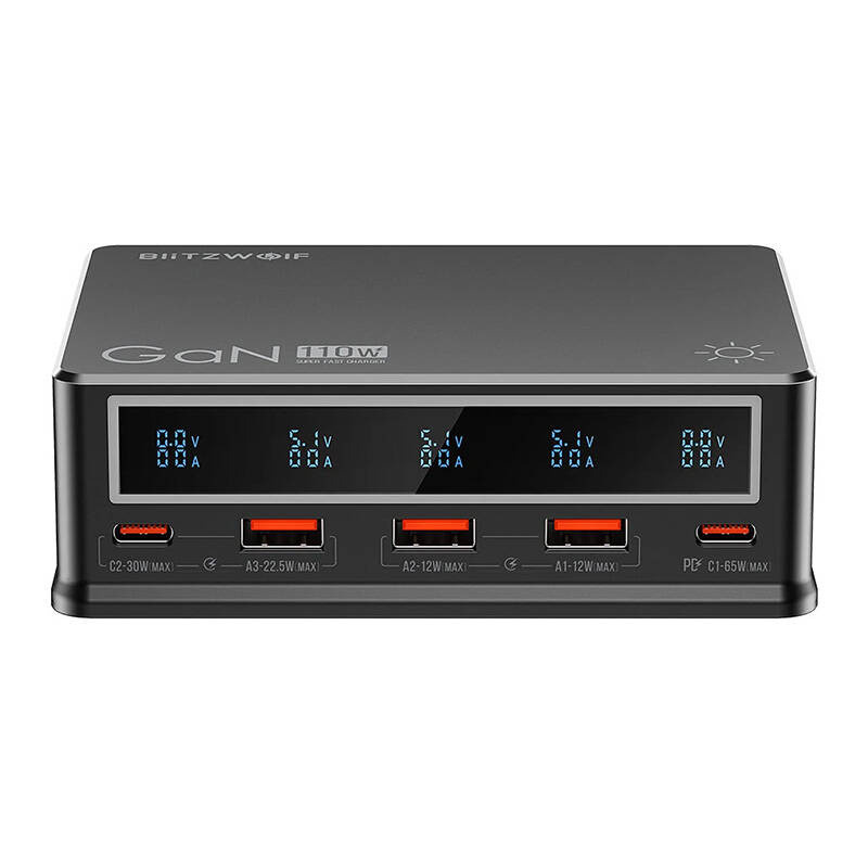 Incarcator retea BlitzWolf BW-i9, 2x USB-C, 3x USB, Quick Charge 110 W ...